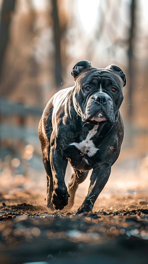 A Black and White Pit Bull Dog Running through the Woods Stock Photo ...