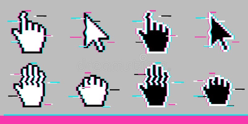 Black and White Pixel Glitch Mouse Hand and Arrow Cursor Icon Sign Set ...