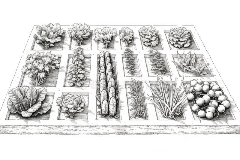 Black White Plan Square Vegetable Beds with Straight Rows Stock Photo ...
