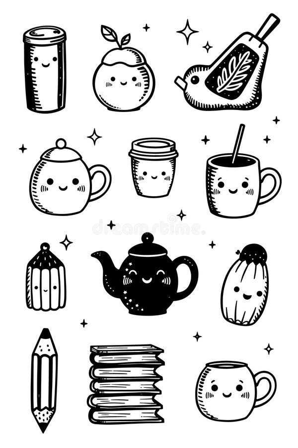 Black and White Playful Objects with Tiny Faces Vector Set, Ideal for ...