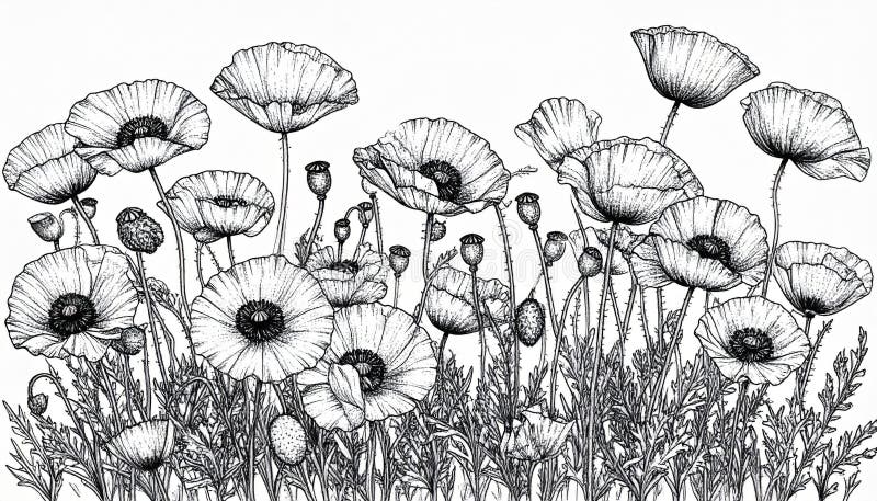 Black and White Poppy Flower Field Illustration Stock Illustration ...