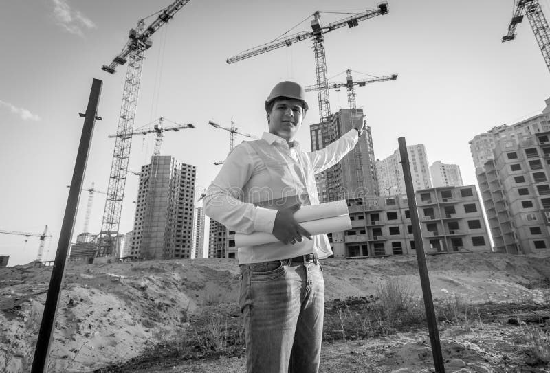 Black and White Portrait of Architect Posing on Building Site Stock ...