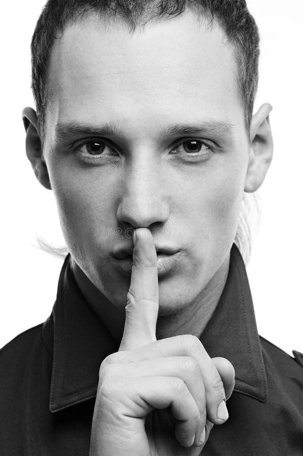 Black and White Portrait of Handsome Man Hushing Stock Photo - Image of ...