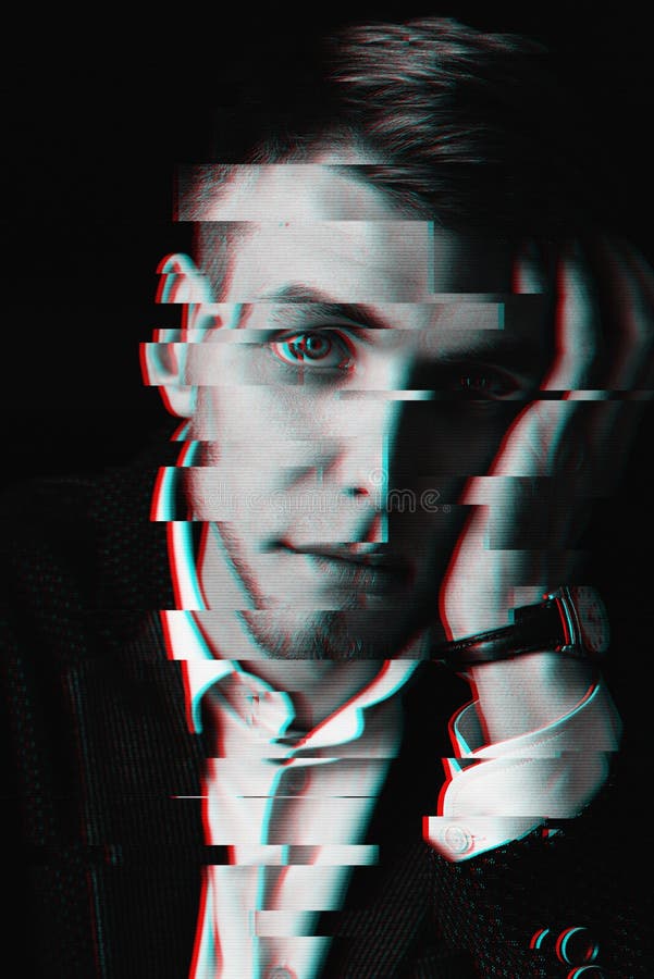 Black and White Portrait of a Man with Glitch Effect Stock Image ...
