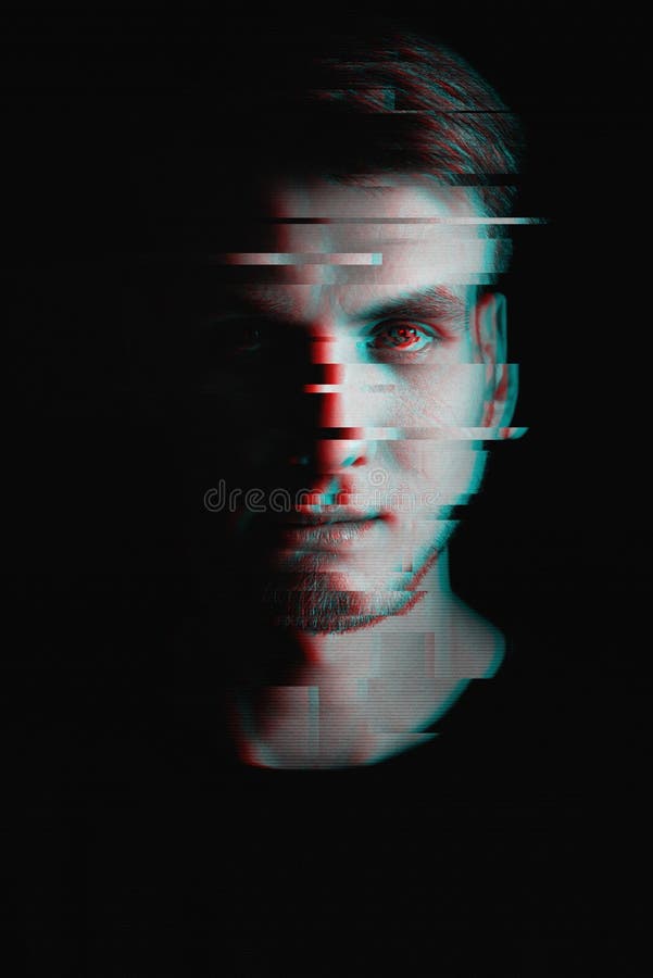 Black and White Portrait of a Man with Glitch Effect Stock Photo ...