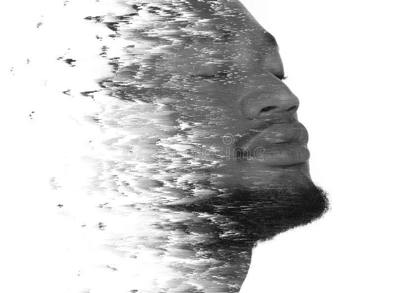 A Black and White Portrait of a Man with Visual Distortion. Double ...