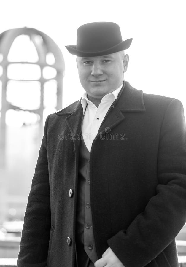 Black and White Portrait of Smiling Gentleman in Bowler Hat and Stock ...