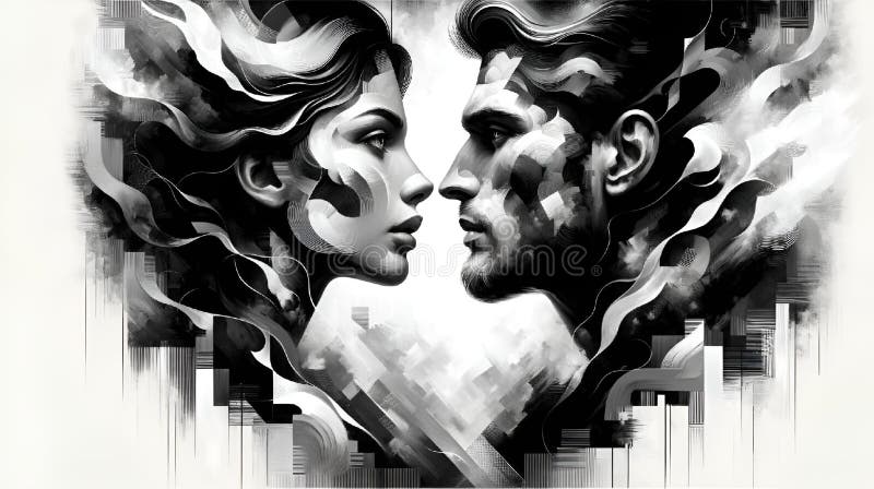 A Black and White Poster of Two People Facing Each Other Stock ...