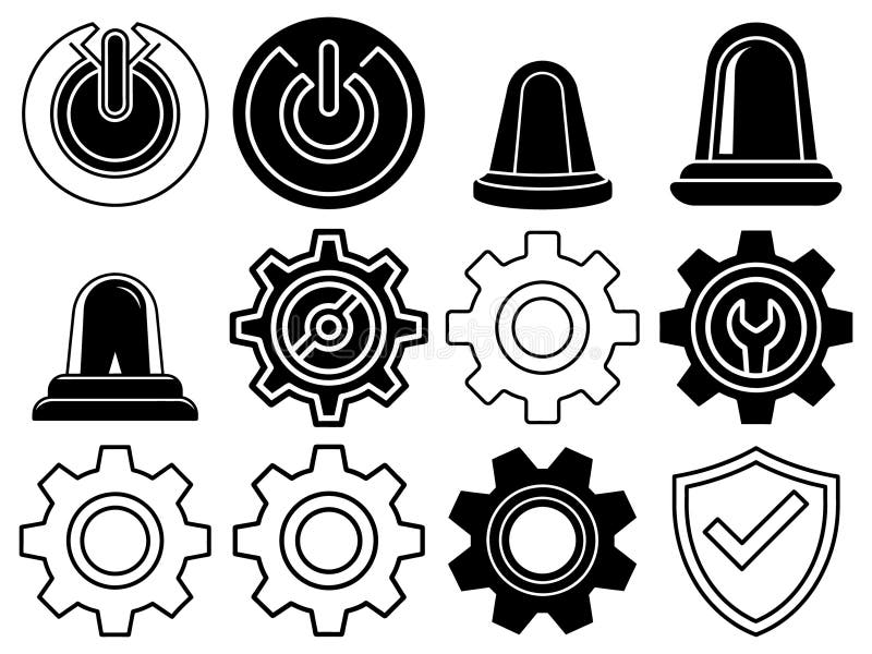 Black and White Power Button, Gear, and Shield Icons Setting, Control ...