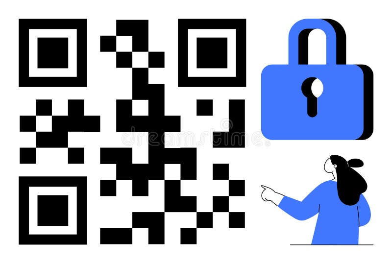 Secure QR Code with Woman Pointing and a Padlock Icon in Modern Vector ...