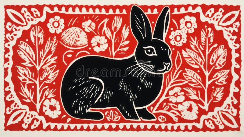 Black and White Rabbit Print in Floral Pattern on Red Background Stock ...
