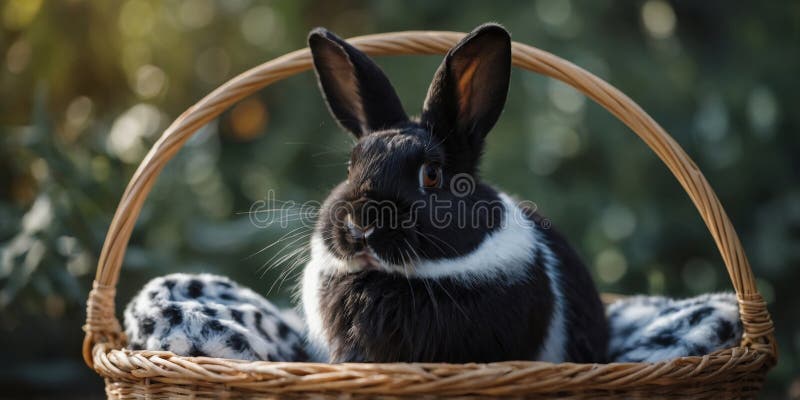 A Black and White Rabbit is Sitting in a Basket. Stock Illustration ...