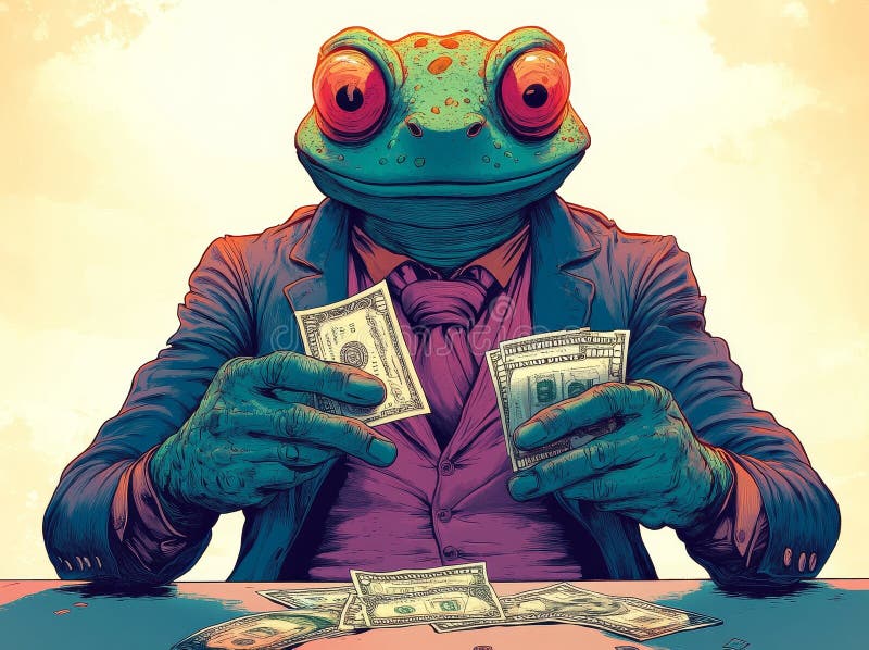 In a Black and White Raster Illustration, a Frog Dressed in a Suit Sits ...