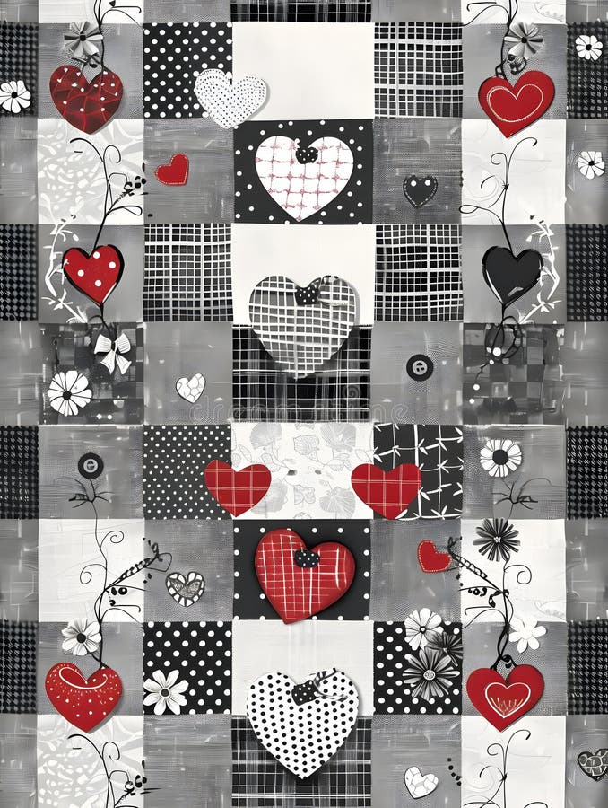 Black, White and Red Hearts Patchwork Seamless Pattern Stock Image ...