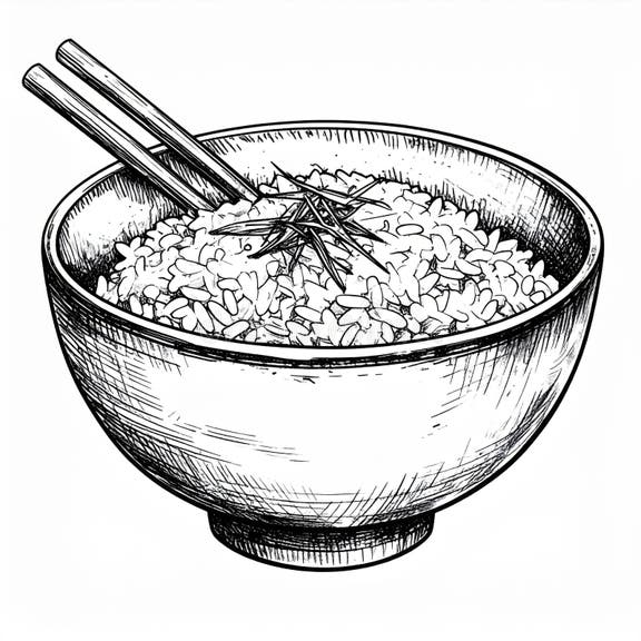 Black and White Rice Bowl Drawing with Chopsticks Stock Illustration ...