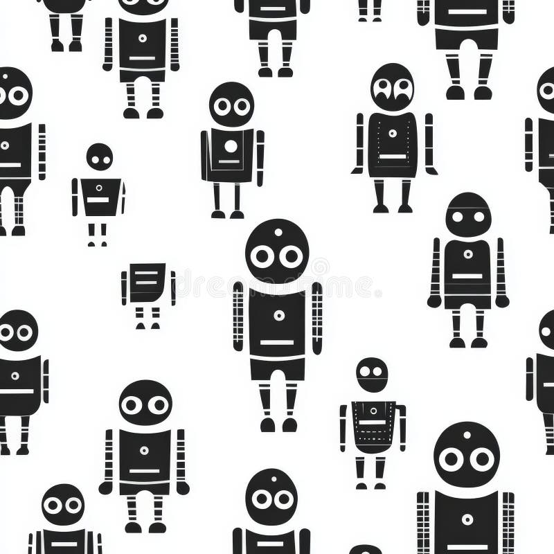 Black and White Robot Silhouettes in Repetitive Pattern Stock ...