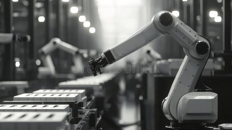 Black and White Robotic Arm in Production Facility Stock Illustration ...