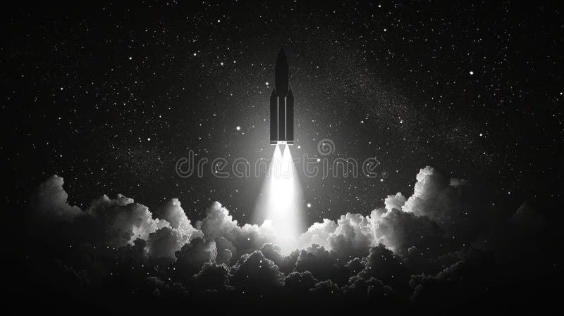 Black and White Rocket Launch in a Starry Sky Stock Image - Image of ...