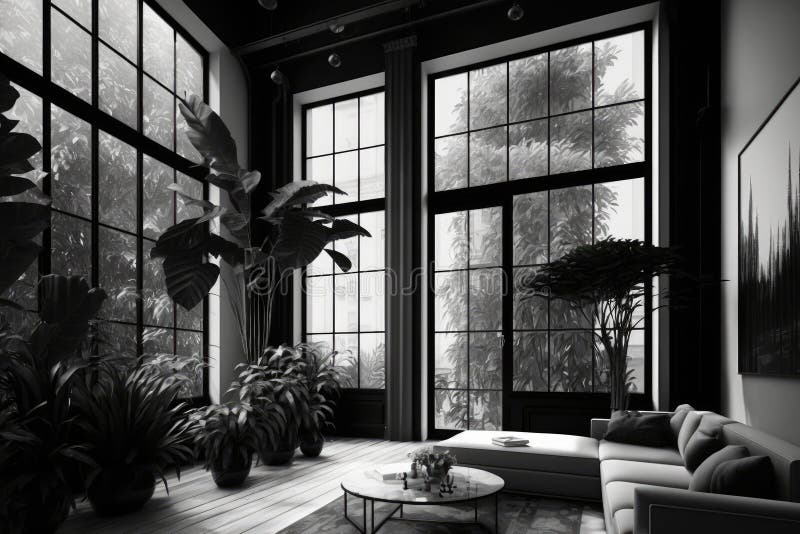 Black and White Room with Windows Jungle Interior Design Stock ...