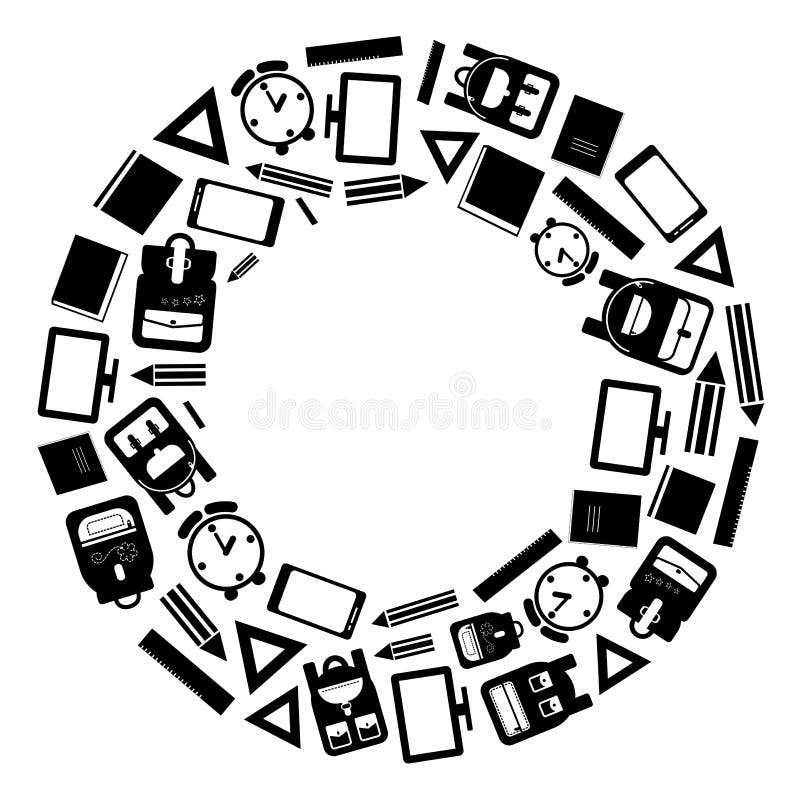 Black and White Round Frame or Background with School Supplies, Vector ...