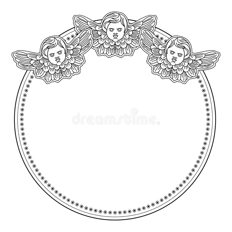 Black and White Round Frame with Outline Cherub in Vintage Style. Stock ...