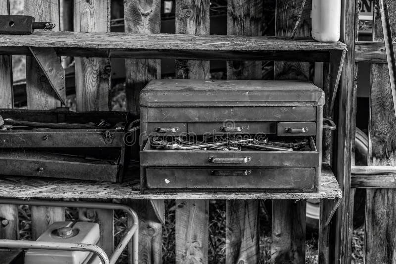 Black & White Rusty Old Toolboxes in Shed Stock Image - Image of ...