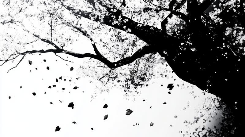 Black and White Sakura Tree Art Print Stock Illustration - Illustration ...