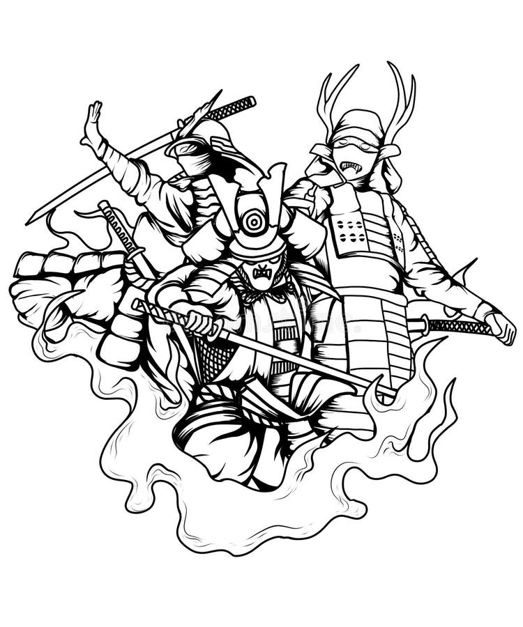Black and White Samurai Line Art Tattoo Design Sketch Illustration ...