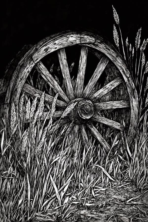 Black and White Scratch Engraving of a Rustic Wagon Wheel Surrounded by ...