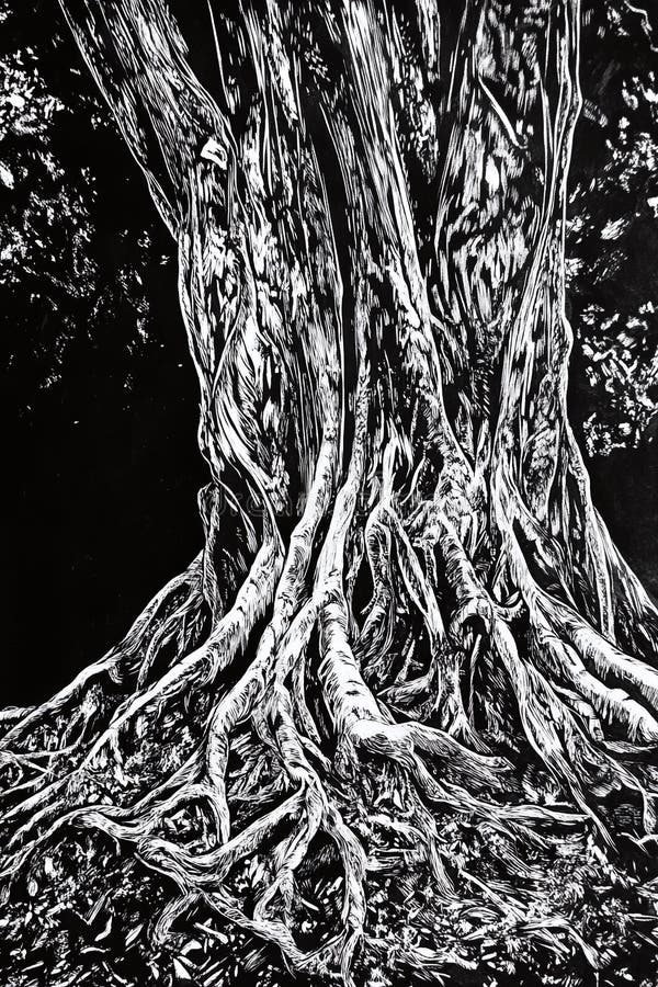 Black and White Scratch Engraving of a Wise Old Tree with Sprawling ...