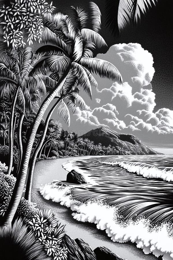 Black and White Scratchboard Illustration of a Tranquil Beach Scene ...
