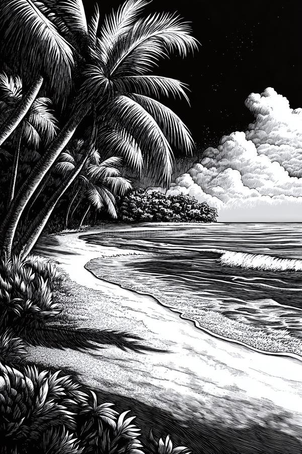Black and White Scratchboard Illustration of a Tranquil Beach Scene ...