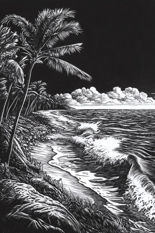 Black and White Scratchboard Illustration of a Tranquil Beach Scene ...
