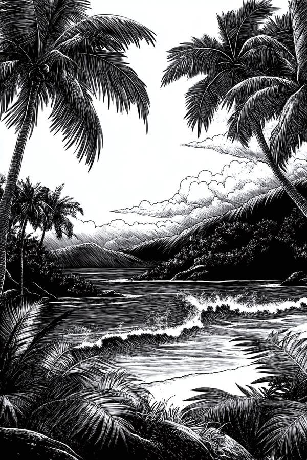 Black and White Scratchboard Illustration of a Tranquil Beach Scene ...
