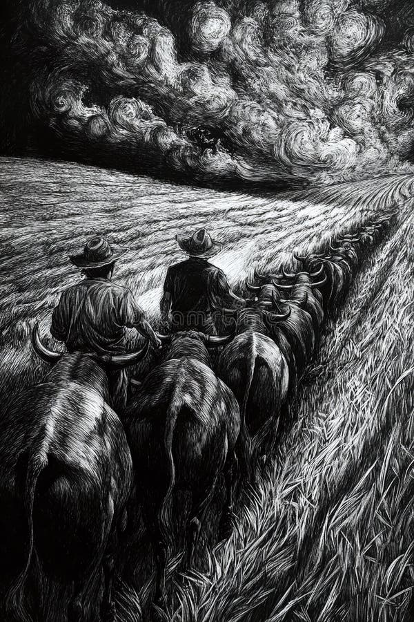 Black and White Scratchboard Rendering of a Farmer Plowing a Field with ...