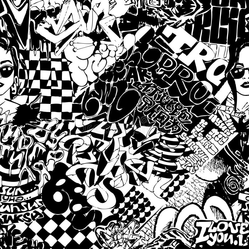 Black and White Seamless Pattern Graffiti, Sticker Bombing Stock Vector ...