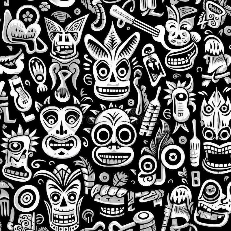 Black and White Seamless Luau Tiki Pattern for Background. Stock ...