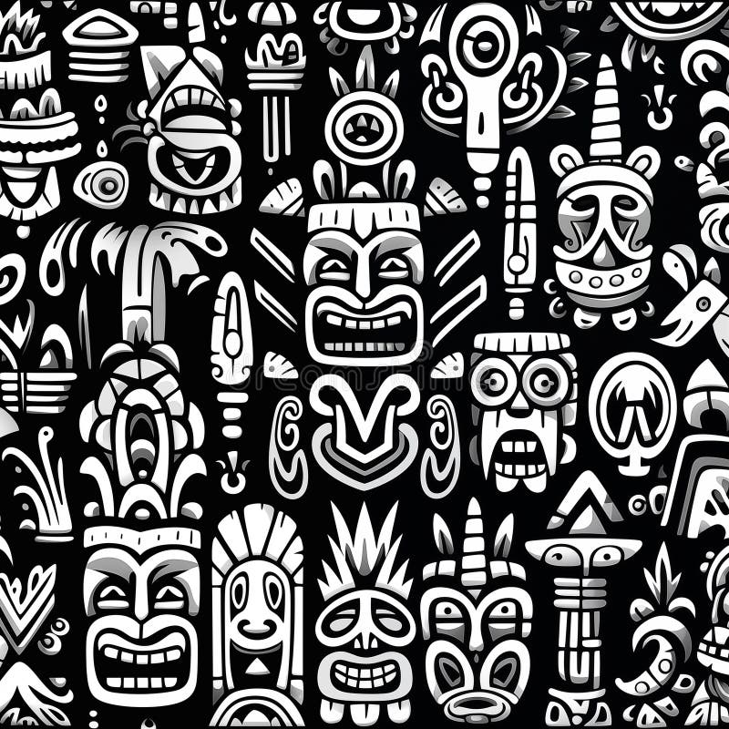 Black and White Seamless Luau Tiki Pattern for Background. Stock ...