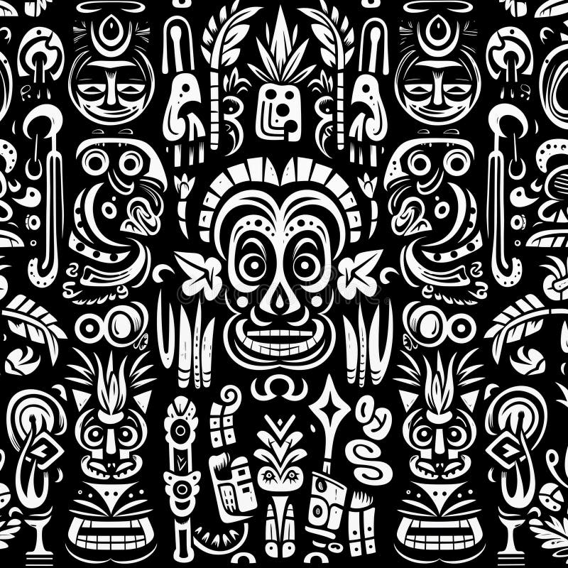 Black and White Seamless Luau Tiki Pattern for Background. Stock ...