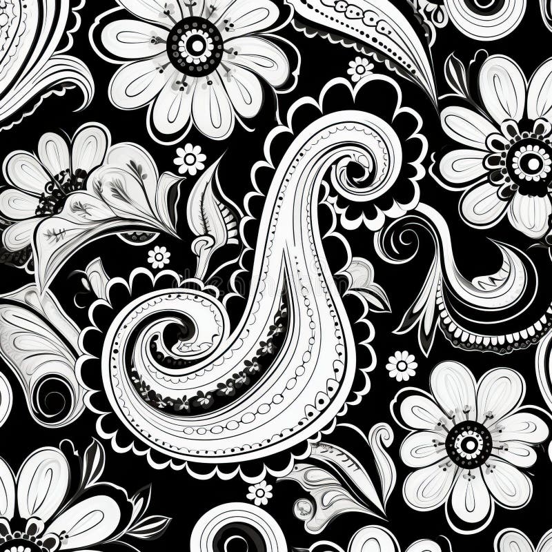 Black and White Seamless Paisley Vector Pattern on White Background ...