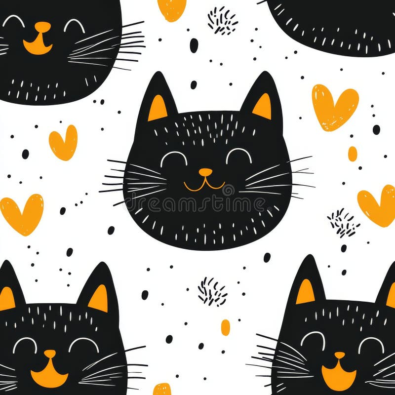 Black and White Seamless Pattern with Cat Faces. Modern Illustration ...