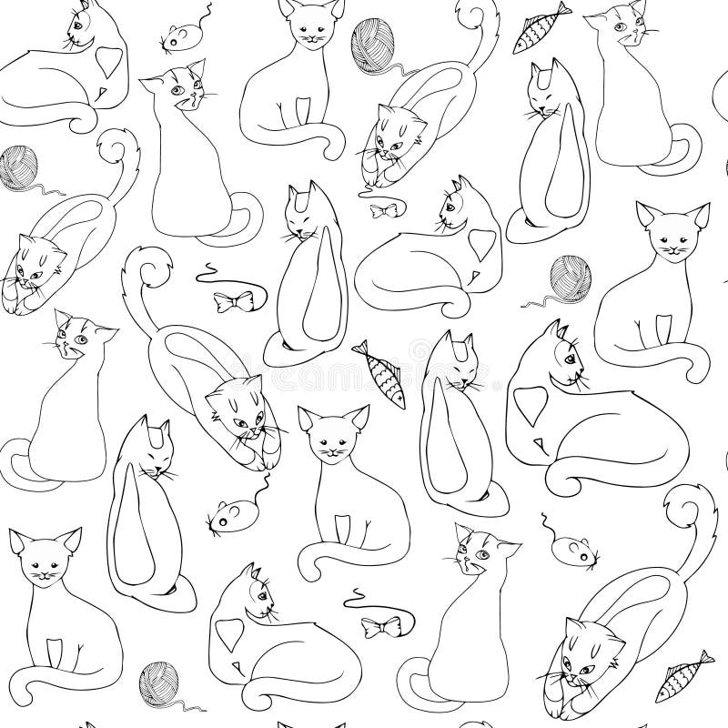 Black and White Seamless Pattern with Cute Cats Stock Vector ...