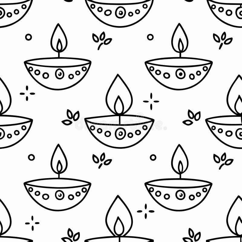 Black and White Seamless Pattern with Diya Lamps Stock Vector ...