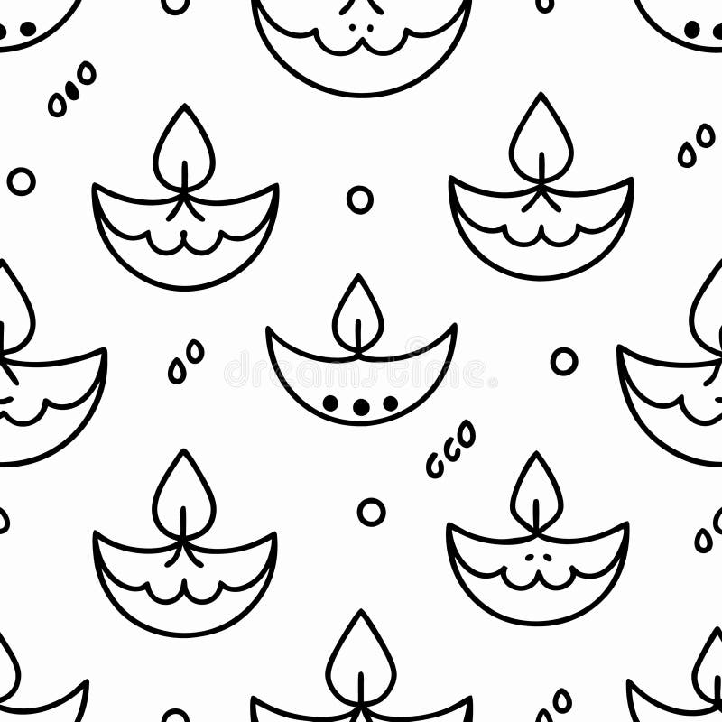 Black and White Seamless Pattern with Diya, a Traditional Indian Oil ...