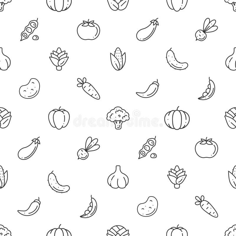Black and White Seamless Pattern with Outline Vegetables Stock Vector ...