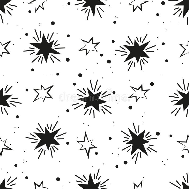 Black and White Seamless Pattern. Stars, Bursts, Bright Sparkles ...