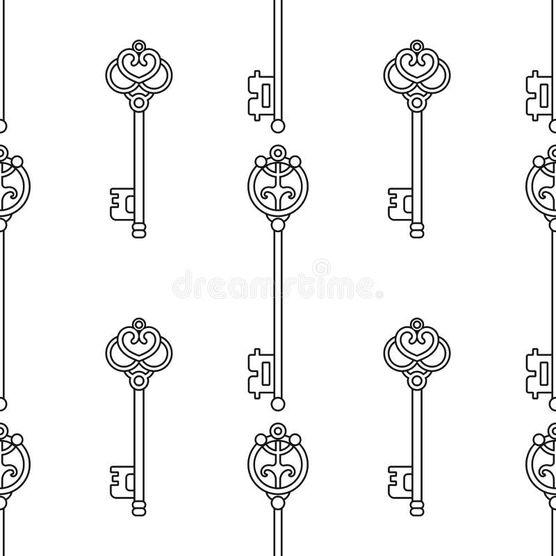 Black and White Seamless Pattern with Vintage, Old Keys for Coloring ...