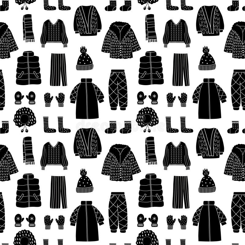 Black and White Seamless Pattern with Winter Clothes Stock Vector ...