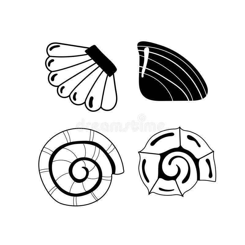 Black and White Seashells Set. Shell Minimalist Outline Icon. Vector ...