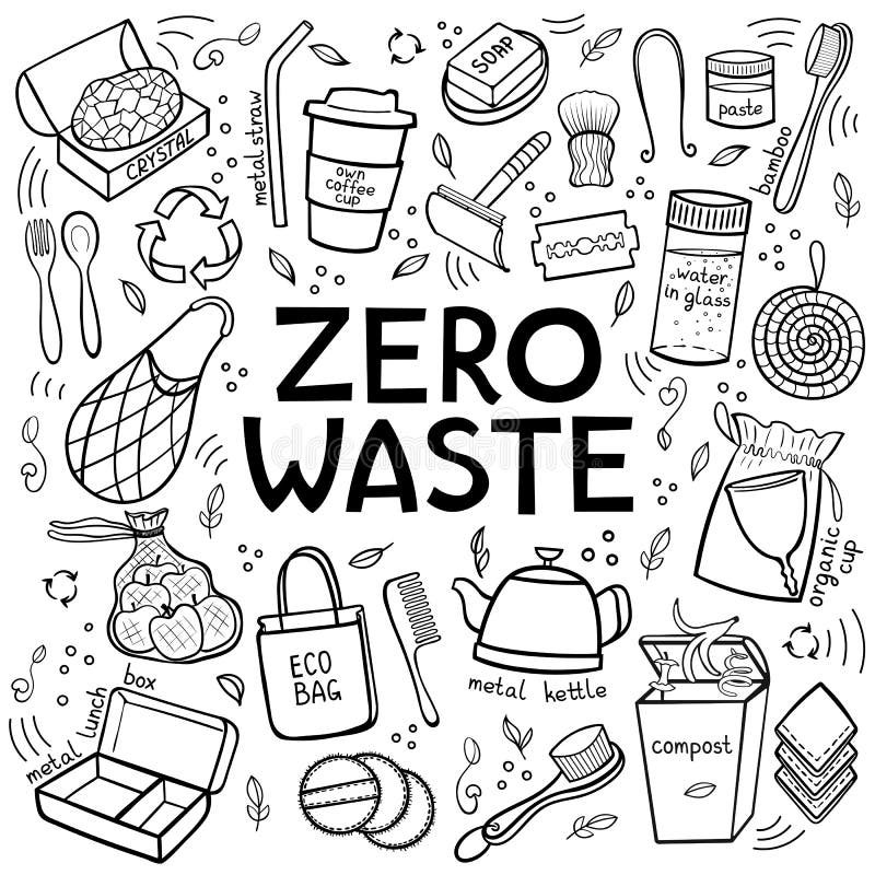 Black and White Set of Elements of Zero Waste Life. Hand Draw Lettering ...